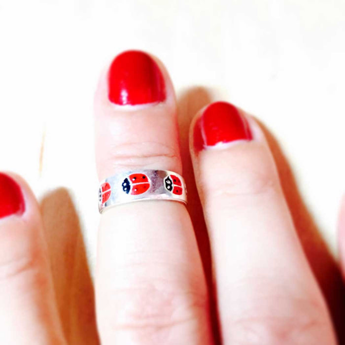 Sterling Silver Ladybug Ring Adjustable Midi Band